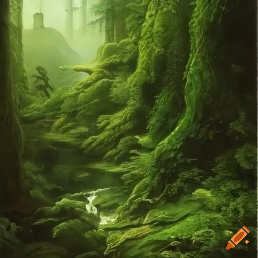 Vast forest with lush overgrown plant life by ted nasmith, john howe, and alan lee on Craiyon