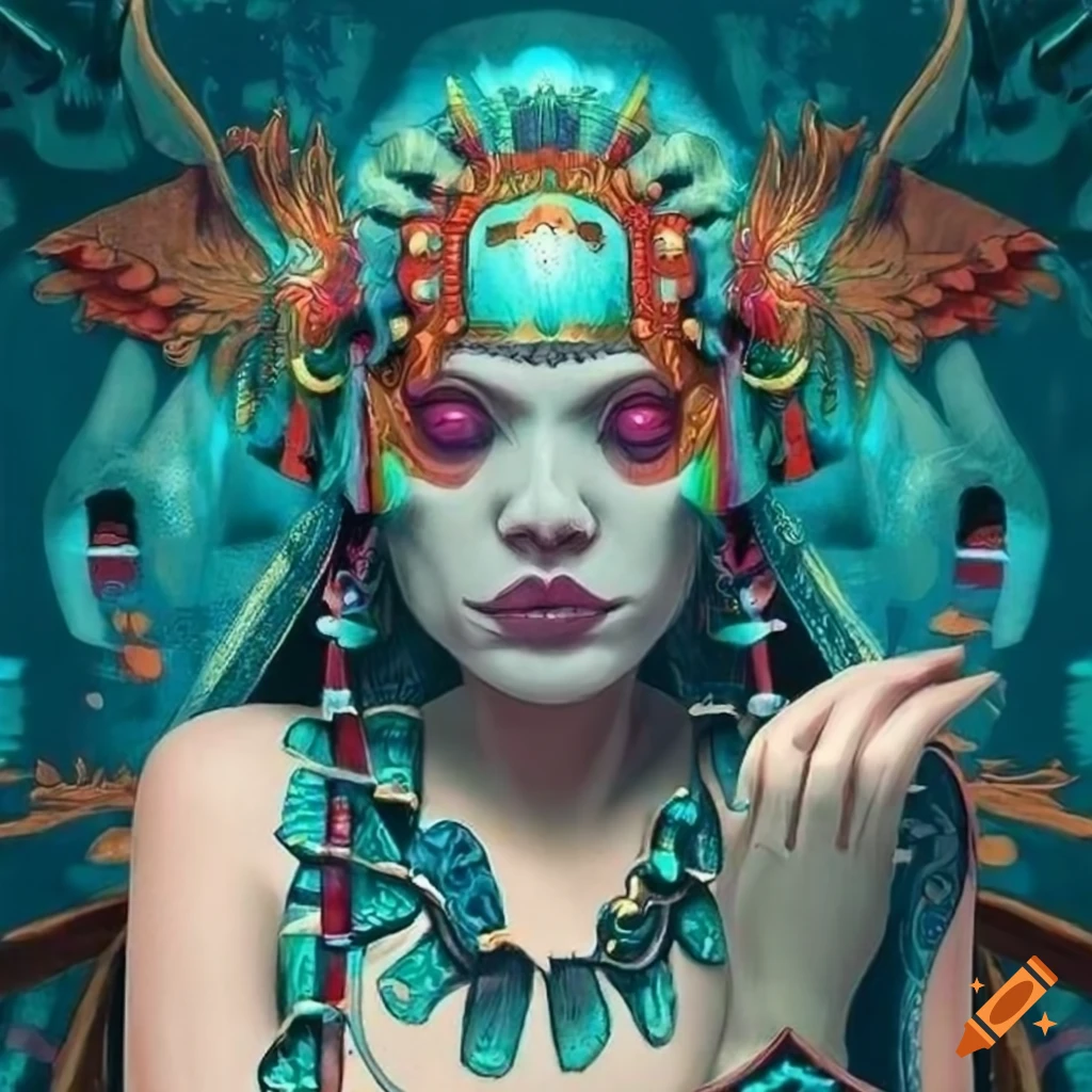 Neobrutalist Aztec Shark Priestess inspired by Ukiyo-e on Craiyon