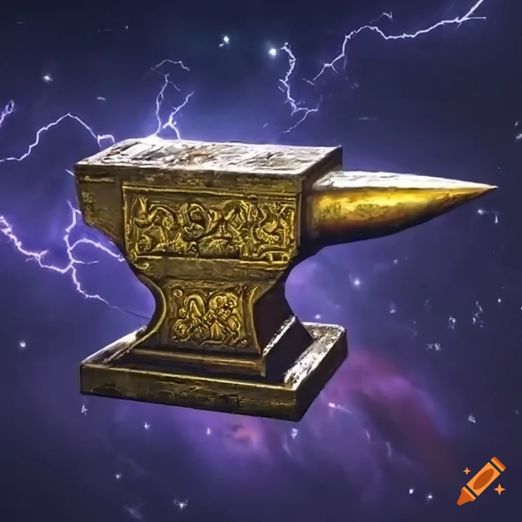 Metallic golden magic anvil struck by lightning in space on Craiyon