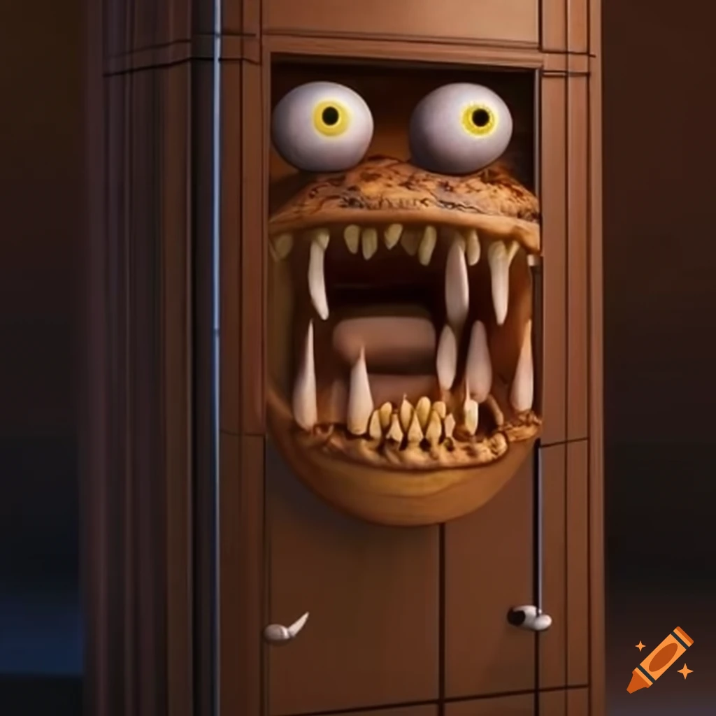 Brown monster wardrobe with sharp teeth and eyes in a bedroom on Craiyon