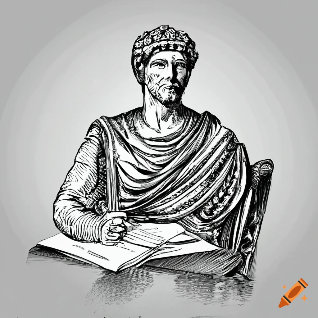 Roman Emperor in traditional attire with official documents at a desk ...
