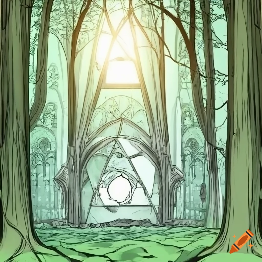 Gothic cathedral ruins with stained glass in a sunlit forest glade on ...