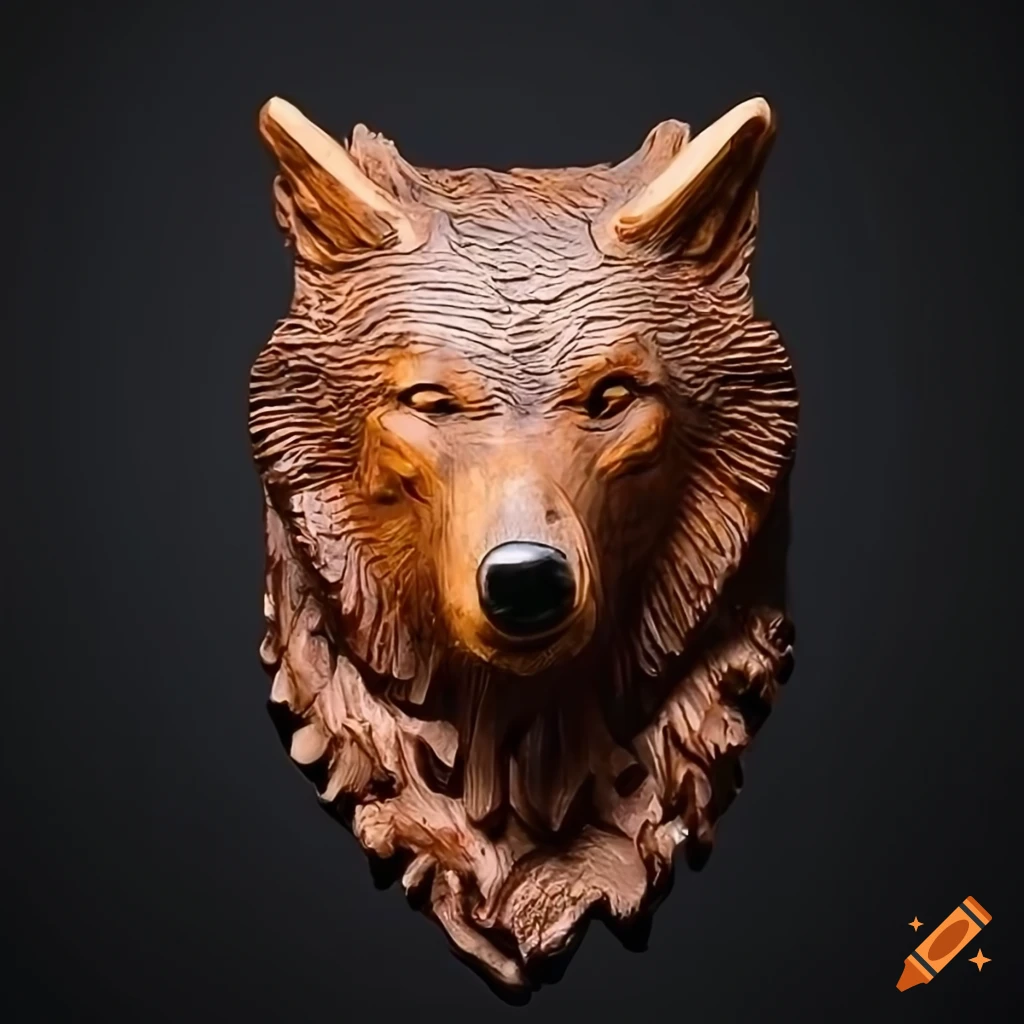 Wooden wolf head sculpture with vibrant details in high-definition on Craiyon