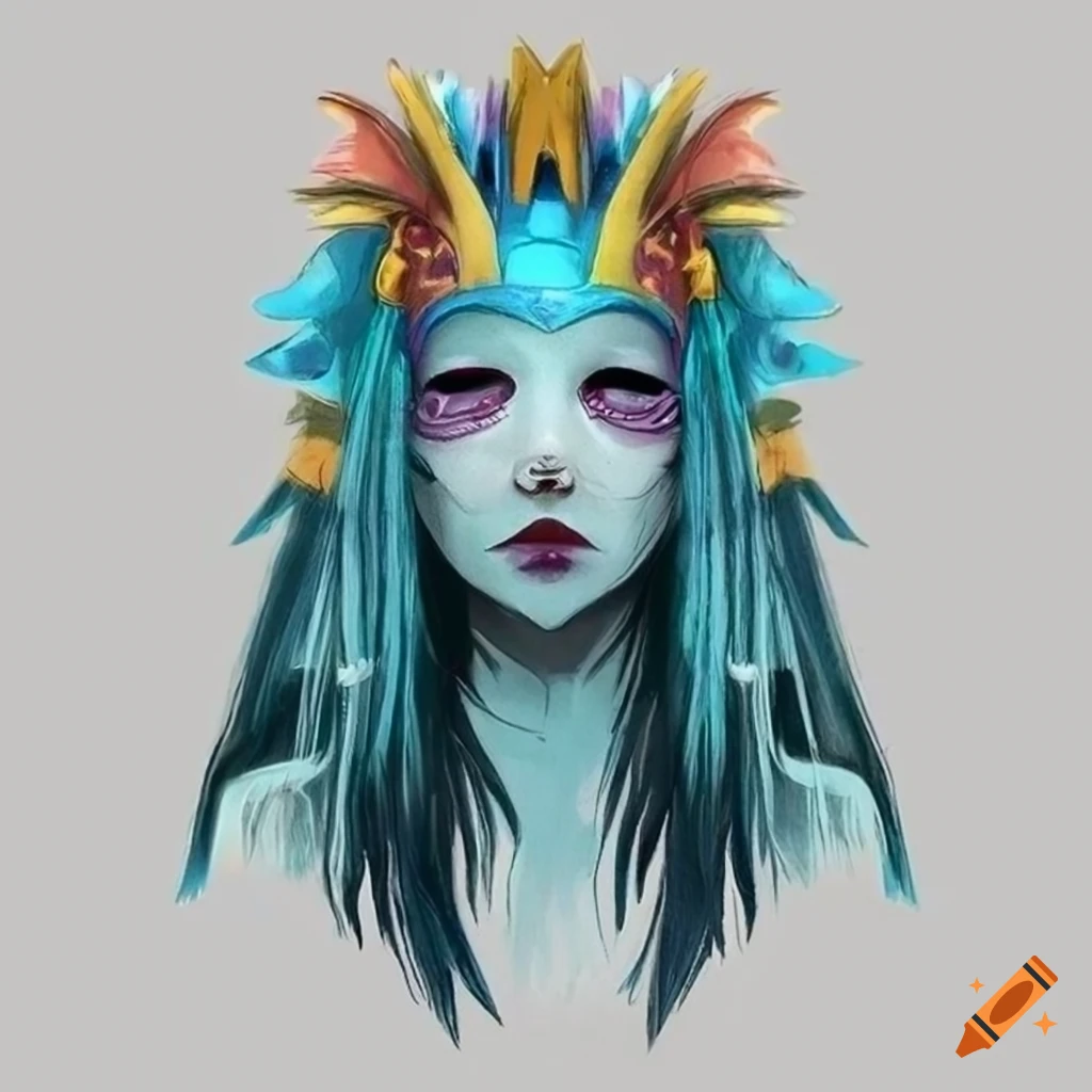 Neobrutalist aztec shark priestess mask inspired by ukiyo-e on Craiyon