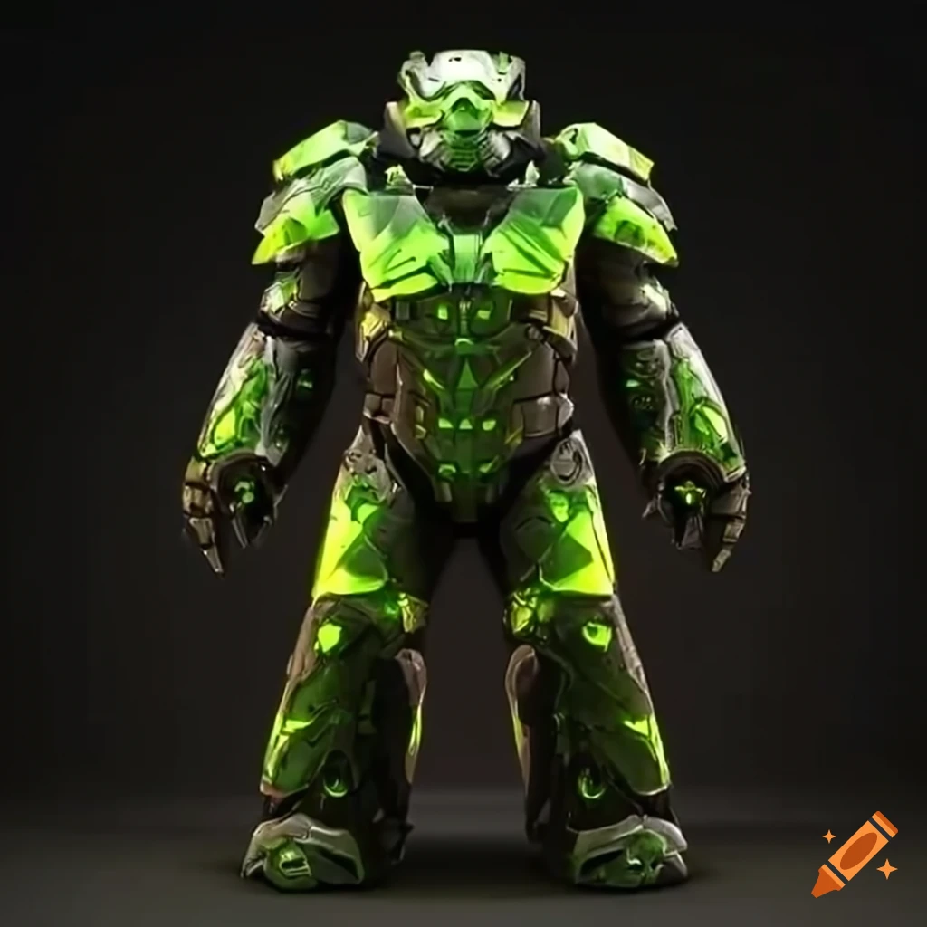 Large power armor made of glowing green lava with jet pack turbines on Craiyon