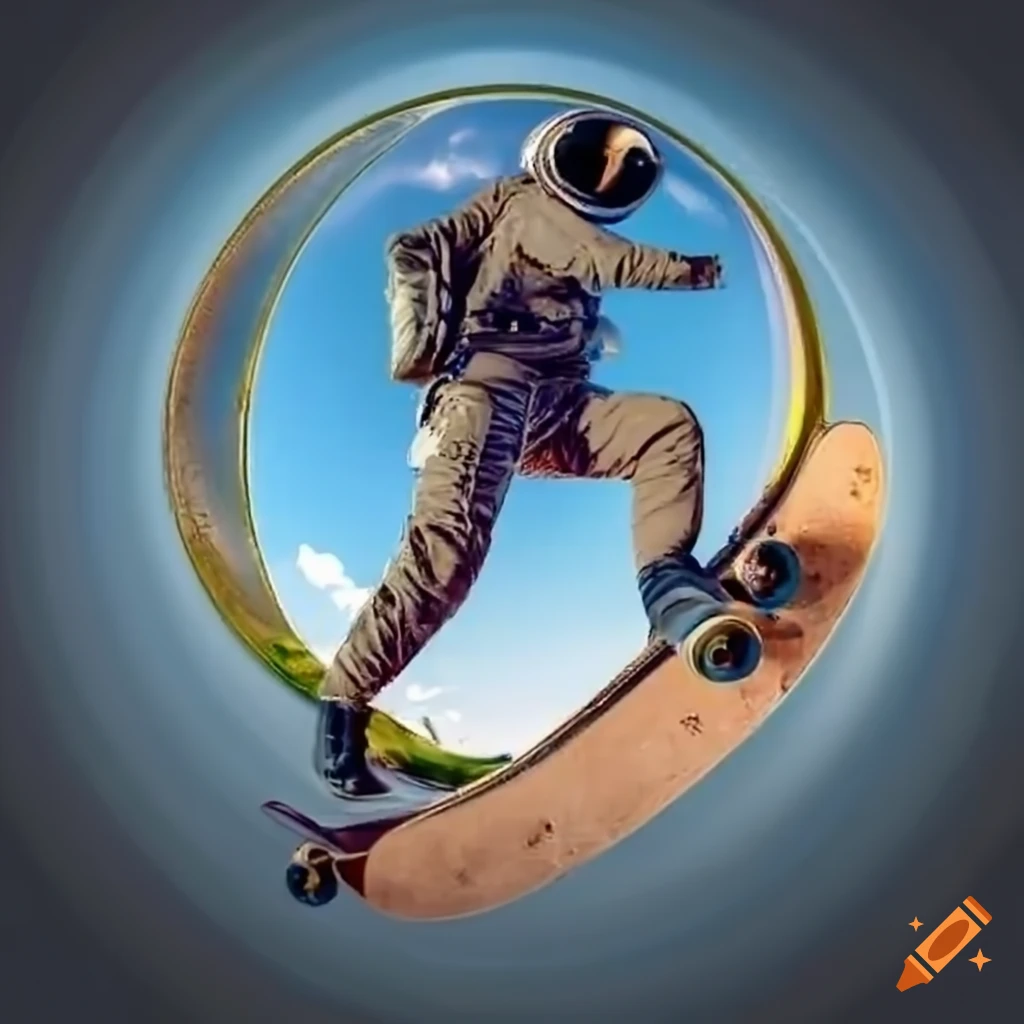 Astronaut performing a kick flip on a skateboard with fisheye lens ...