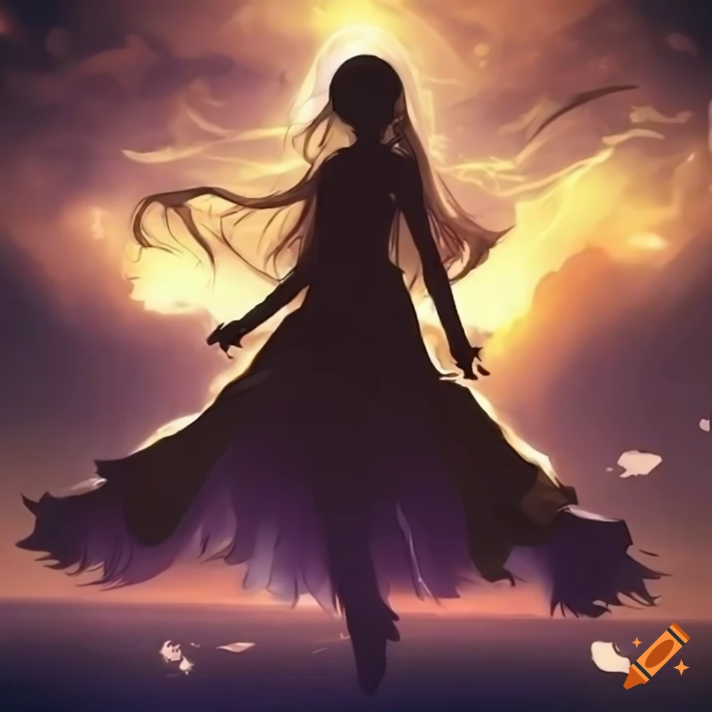 Silhouette of a blond woman floating in golden light in an apocalyptic ...