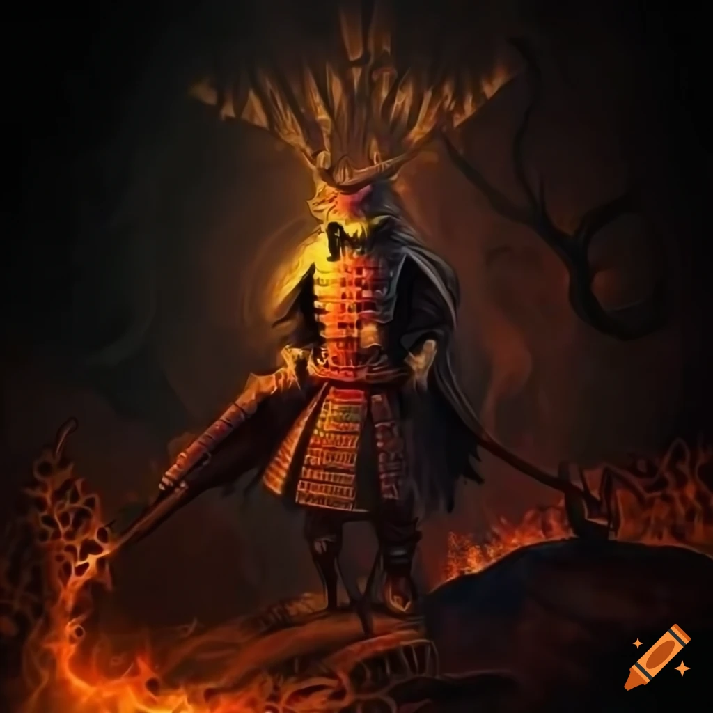 Dark fantasy samurai engulfed in frenzy flame at mysterious temple ruin ...