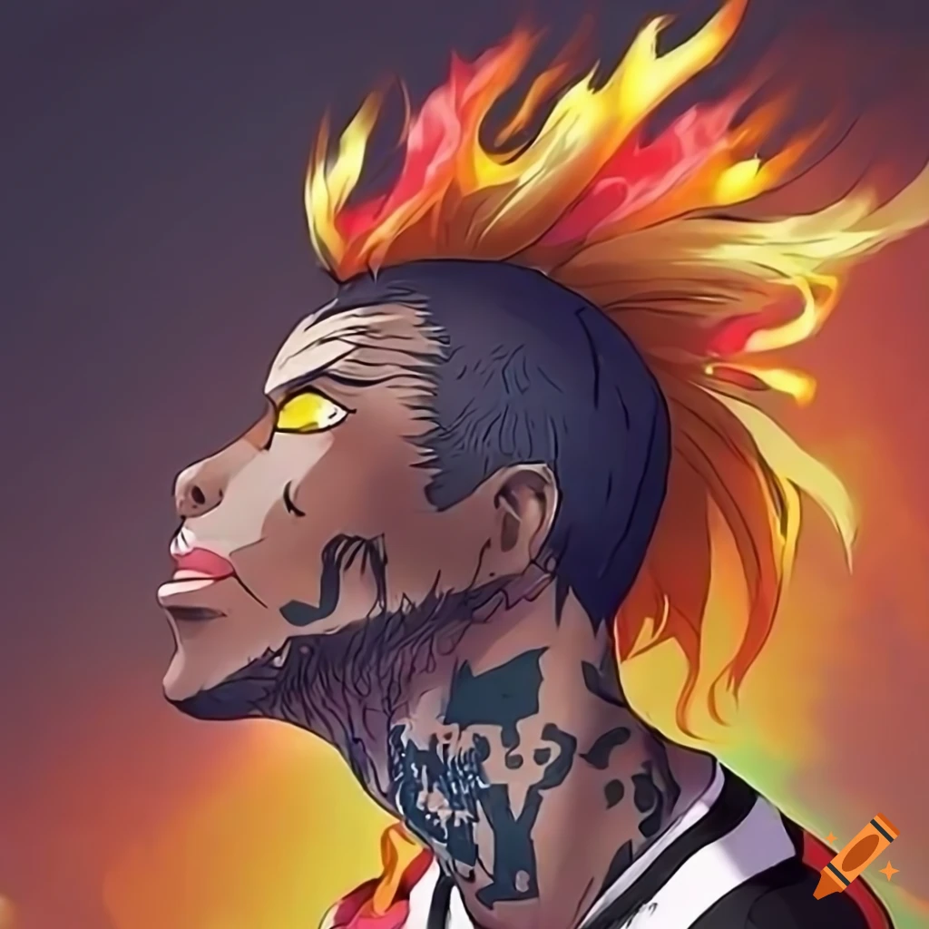 Anime character with tattoos, flaming black mohawk, and football kit on ...