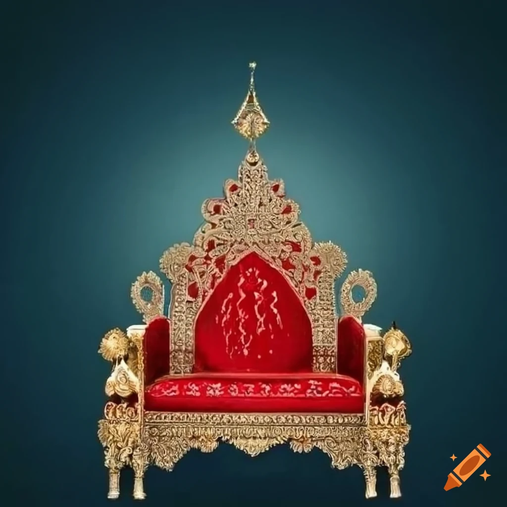 Ornate Indian throne with peacock design and red silk covering on Craiyon