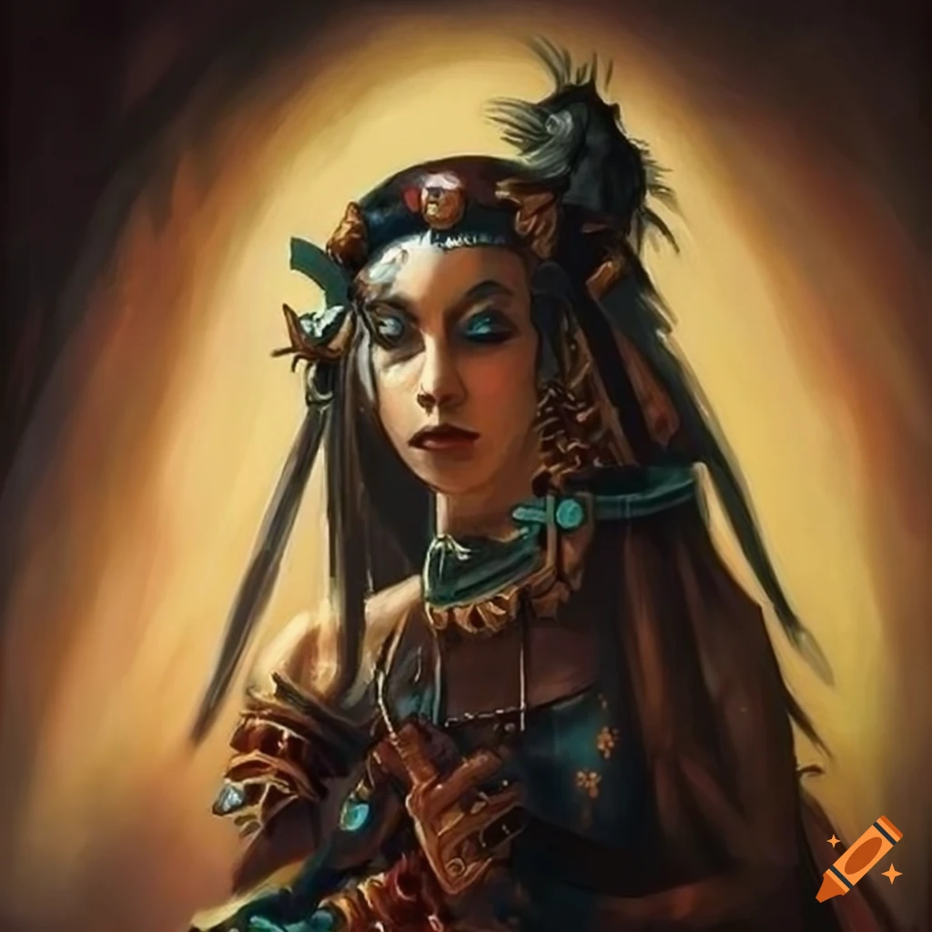 Baroque manga aztec shark priestess depicted in an oil painting on Craiyon