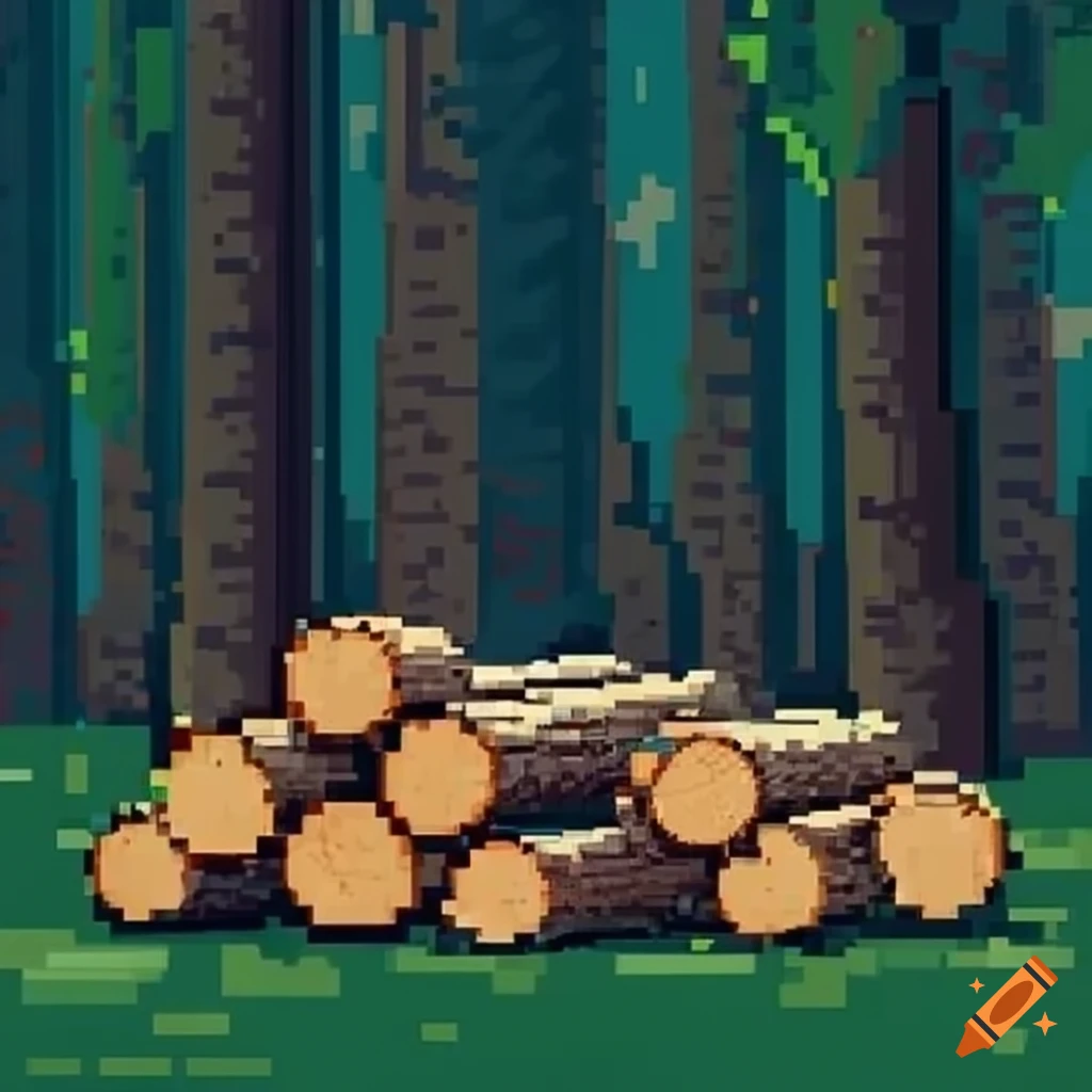 Wood logs in a forest in pixel art style on Craiyon