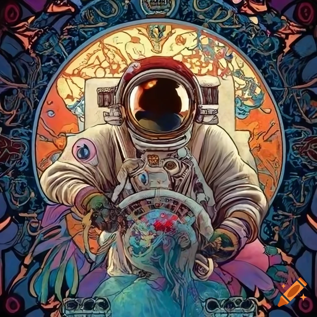 Vibrant movie poster of a mayan astronaut at a temple on Craiyon