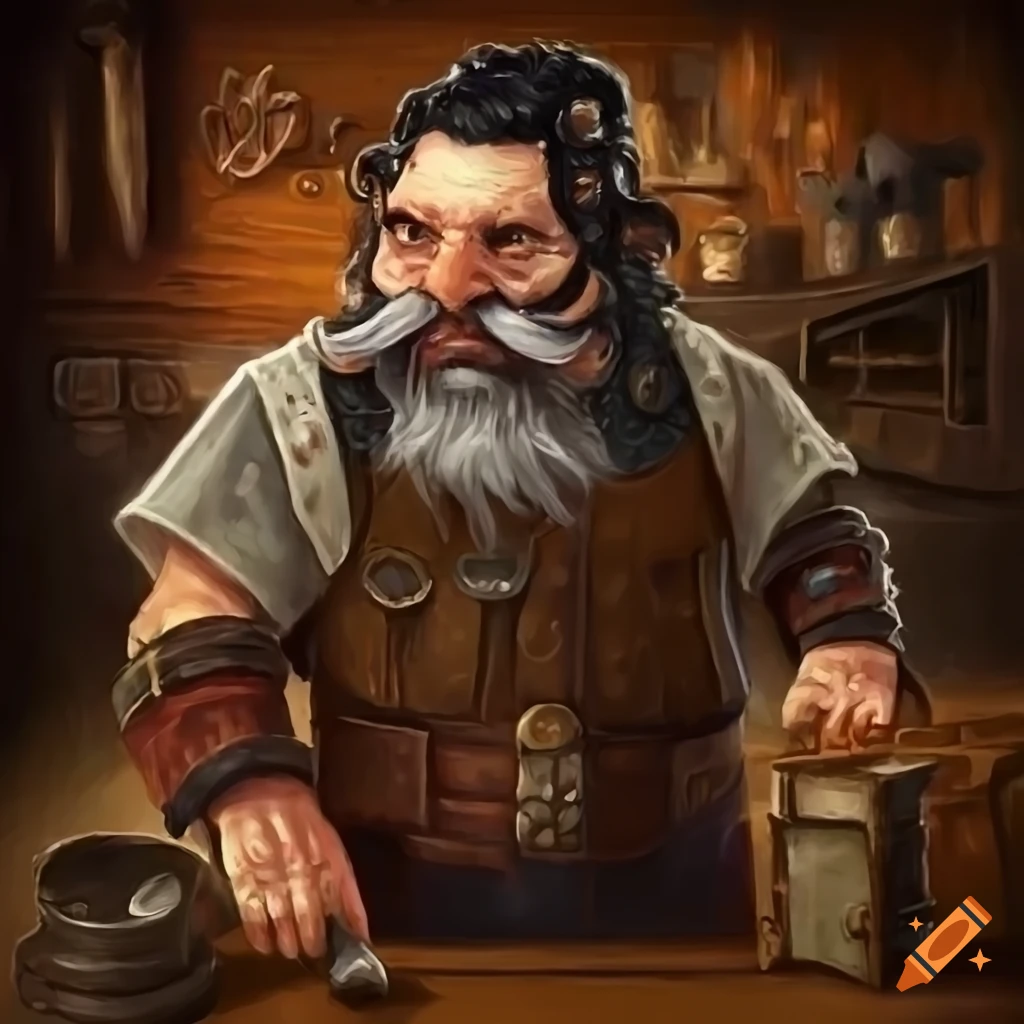 Realistic fantasy depiction of dwarf inventors in a steampunk workshop ...