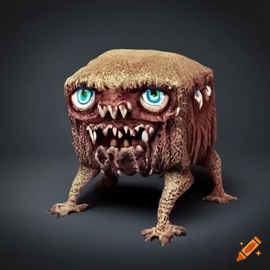 Square ottoman transformed into a monster with sharp teeth and eyes on ...