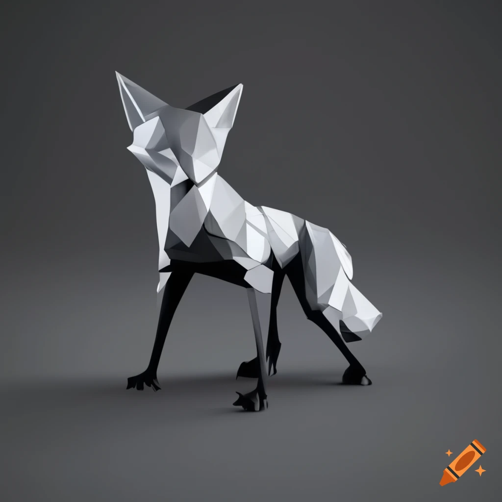 Geometric grayscale fox 3D model standing on hind legs on Craiyon
