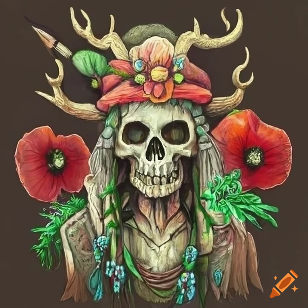 Skull shaman druid in hat with plant and poppy on Craiyon