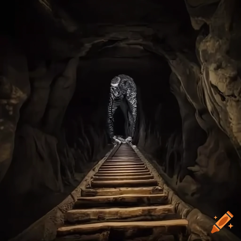 Rollercoaster through a dark eerie cave with humanoid figures on Craiyon