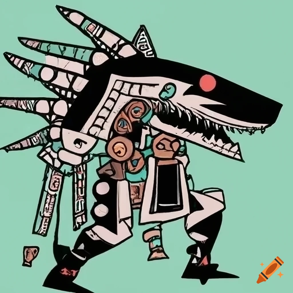 Aztec shark priestess mecha inspired by ukiyo-e in a minimalist style ...