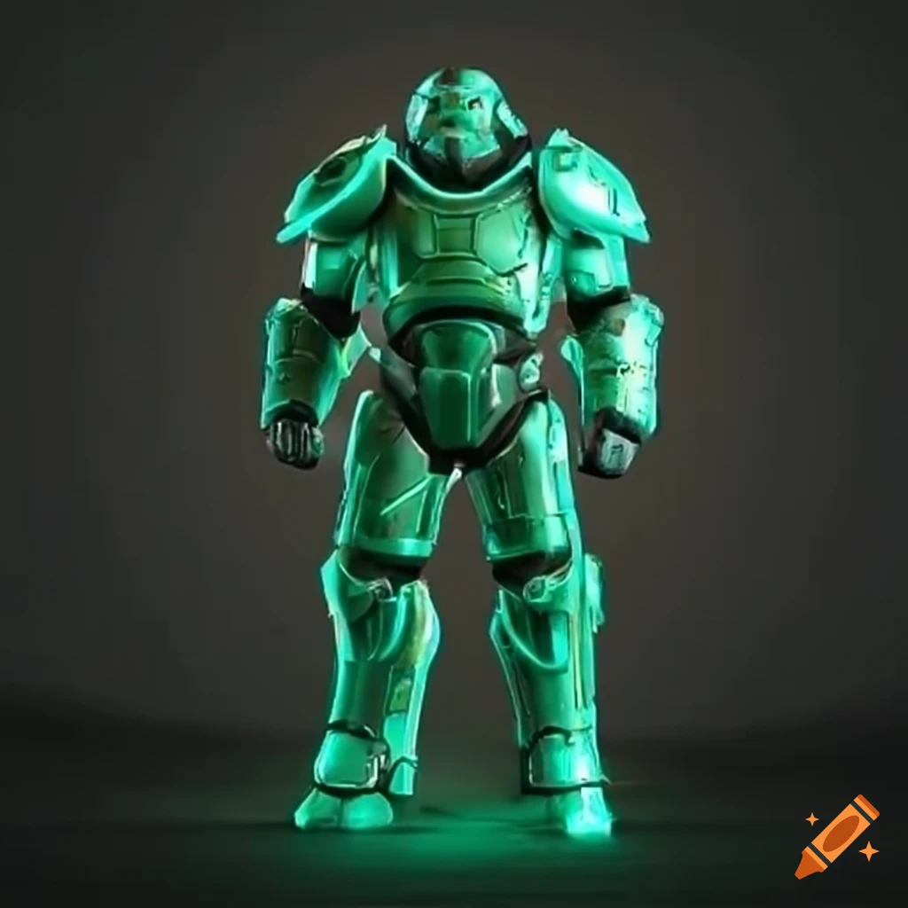 Power armor made of glowing green lava with jet pack turbines on Craiyon