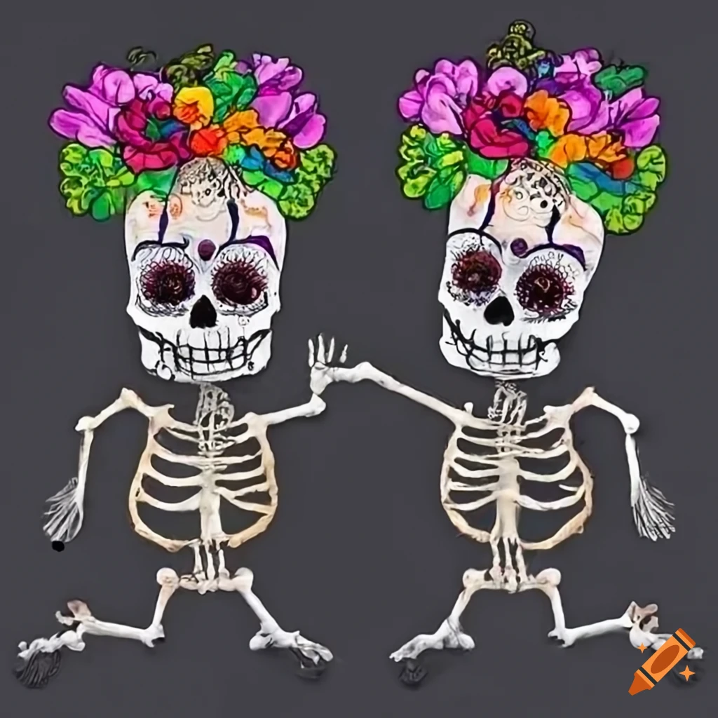 Two skeletons dancing in the style of Frida Kahlo for Day of the Dead ...