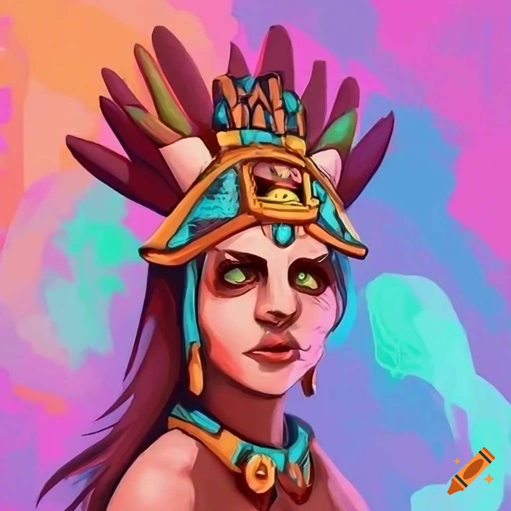 Aztec shark priestess with stylized digital inking on Craiyon
