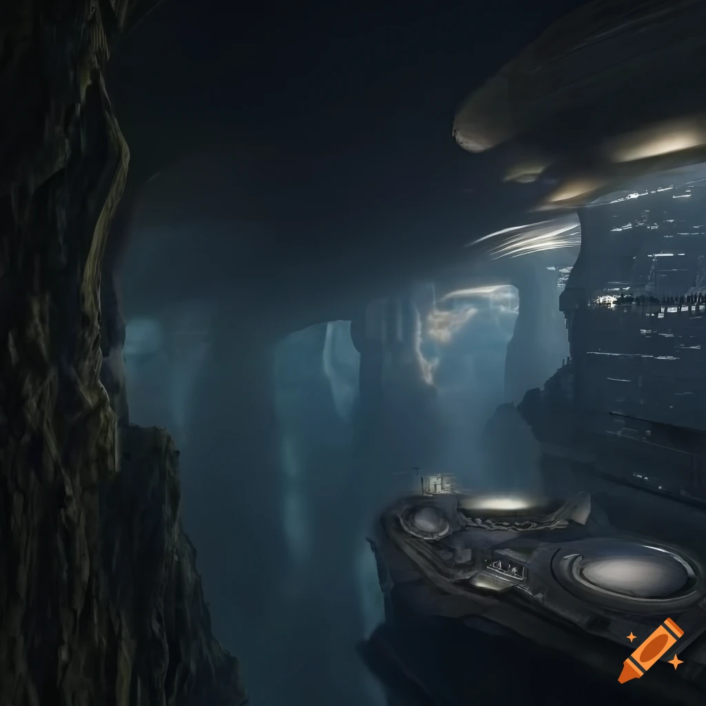 Sci-fi underground city with high-rises up to cave ceiling and flying ...