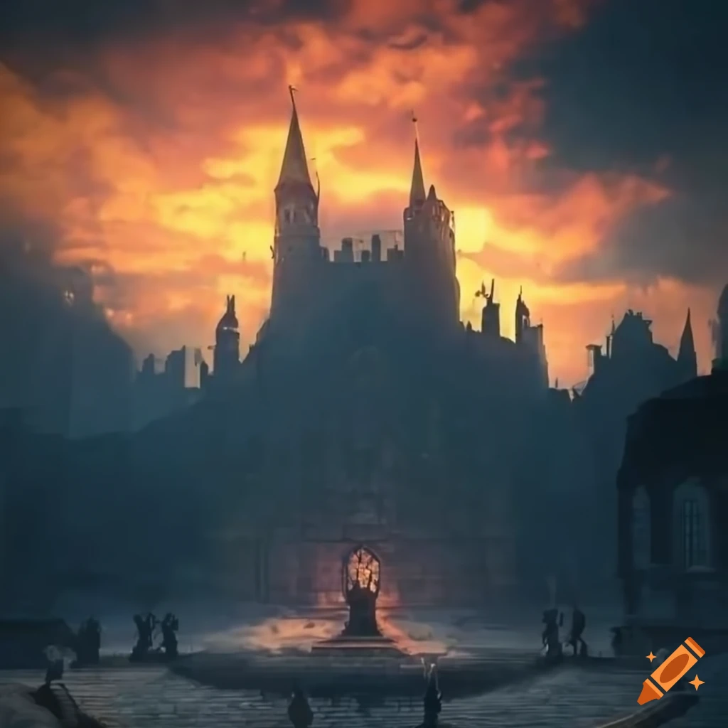 Dark souls castle courtyard with cherry blossom trees under orange ...