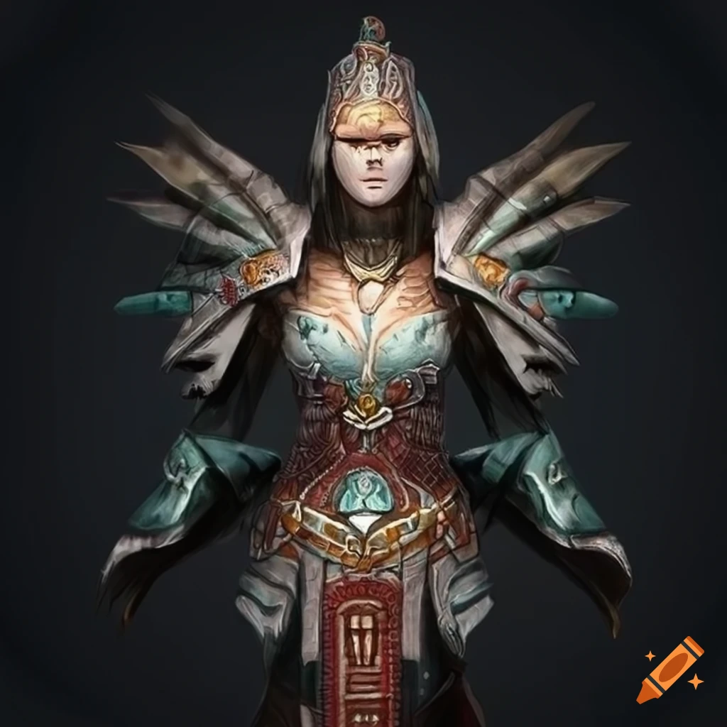 Neobrutalist aztec shark priestess armor inspired by ukiyo-e on Craiyon