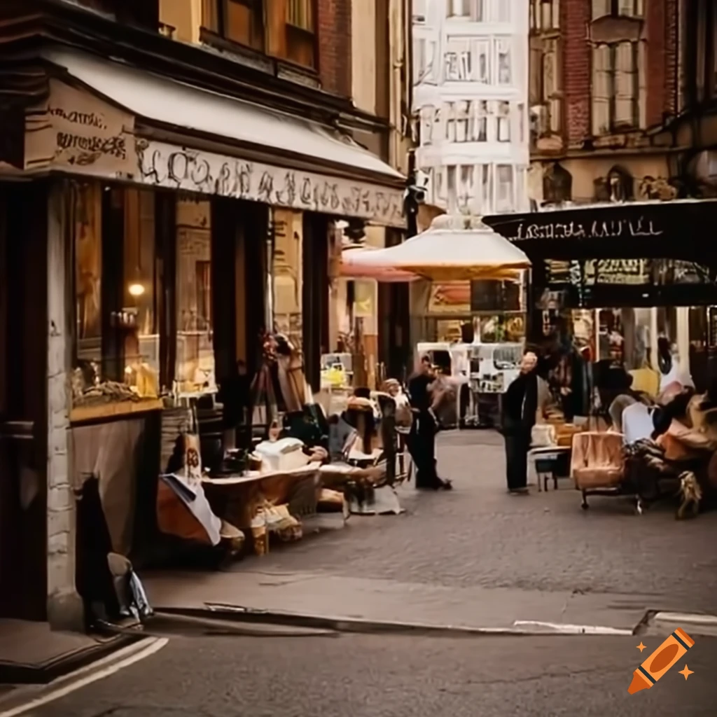Charming bakery scene with outdoor seating and busy shoppers on Craiyon