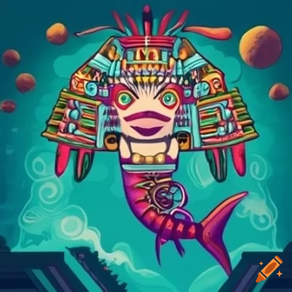 Neobrutalist aztec shark siren inspired by ukiyo-e on Craiyon