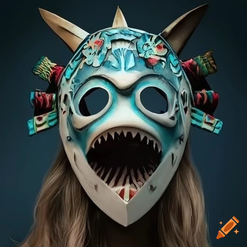 Neobrutalist aztec shark priestess mask inspired by ukiyo-e on Craiyon