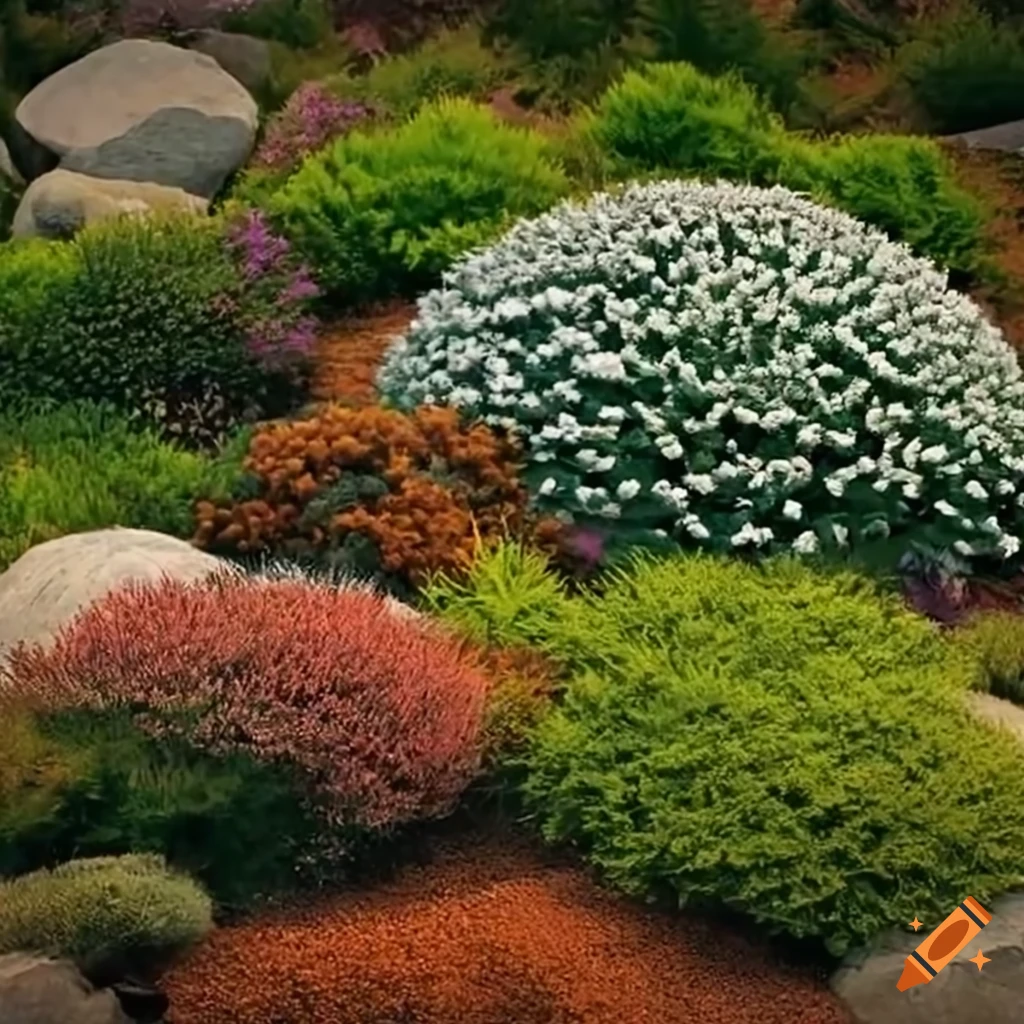 Small round rock garden with Idaho native plants on a slope on Craiyon