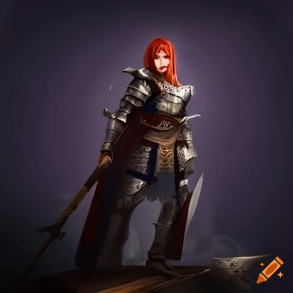 Female knight with red hair and a great sword standing on a boat on Craiyon