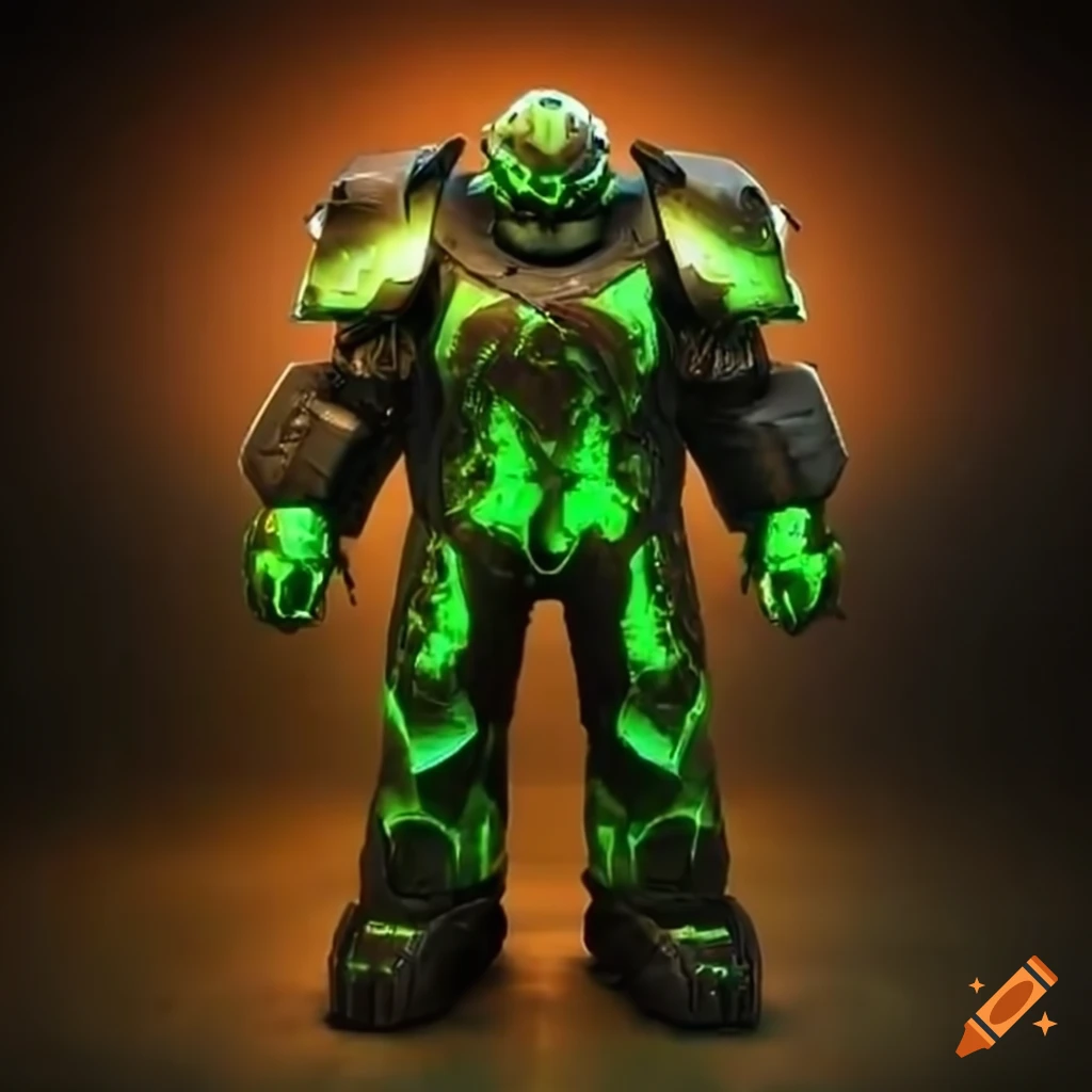 Large power armor made of glowing green lava with jet pack turbines on ...