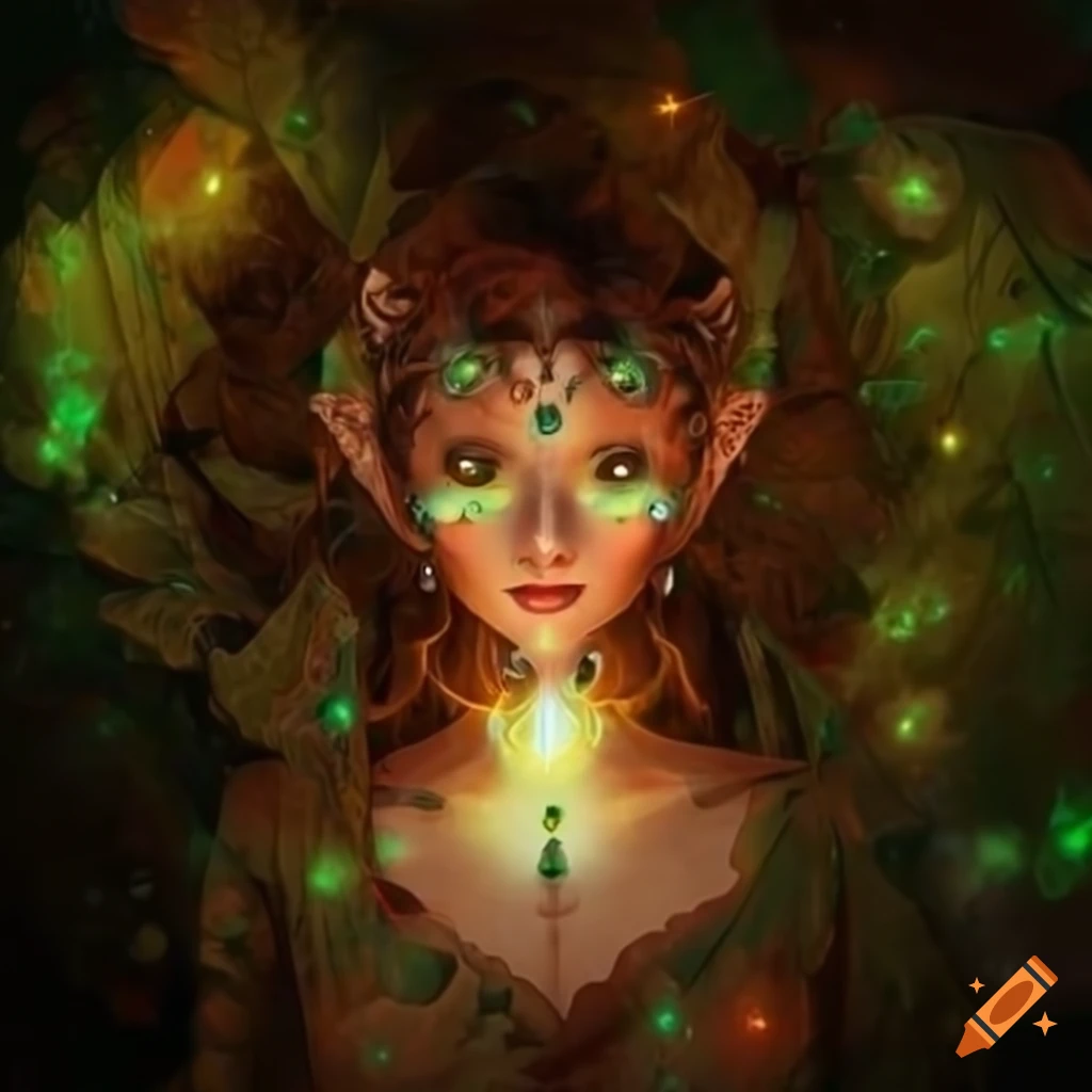 Enchanting elf with glowing eyes in a mystical leaf aura on Craiyon