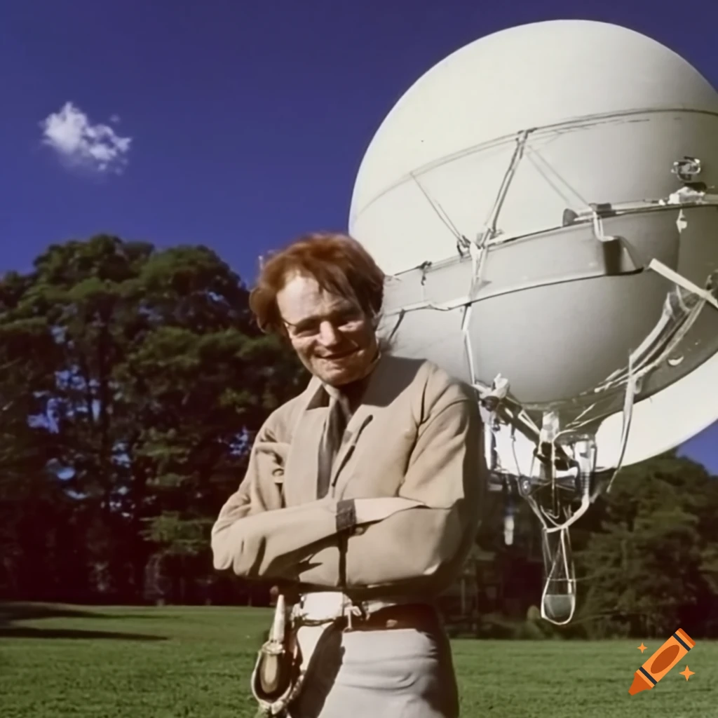 1970s astrophysicist standing in front of a radiotelescope antenna on ...