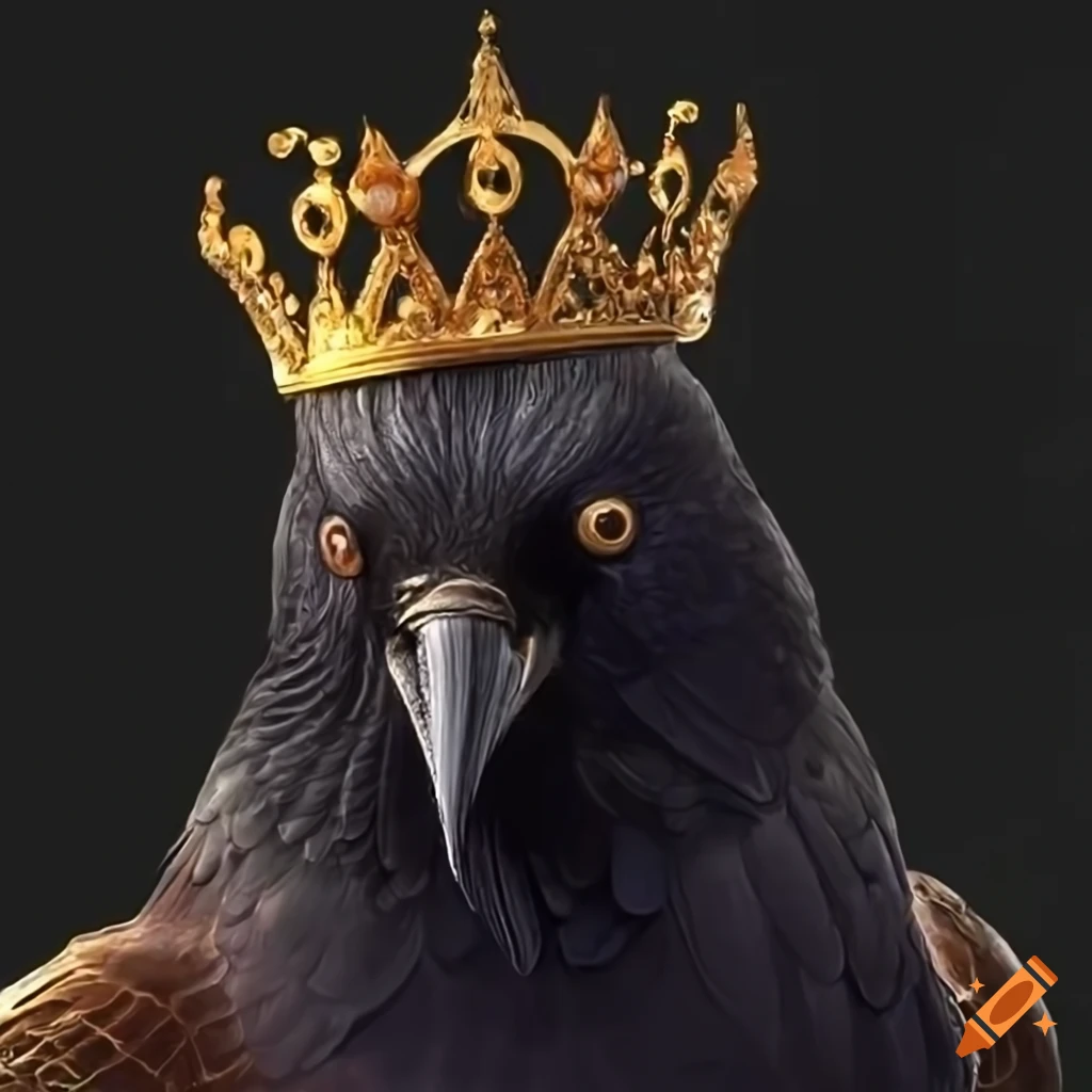 Magnificent crow on a velvet throne wearing a gilded crown on Craiyon