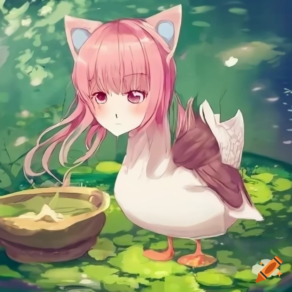 Anime girl with pink hair and cat ears feeding a goose by a serene pond ...