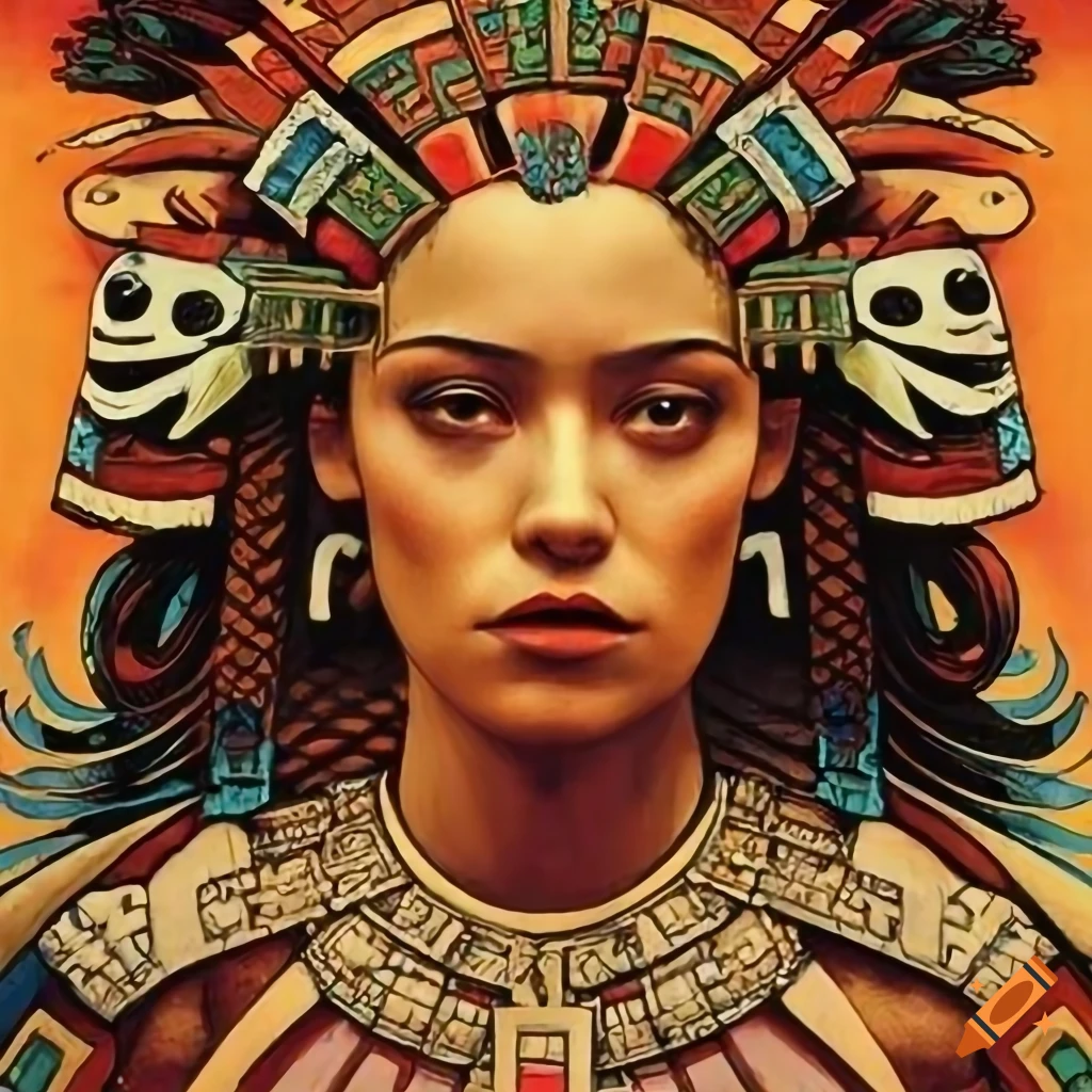 Vibrant movie poster with aztec stave carvings inspired by artists like ...