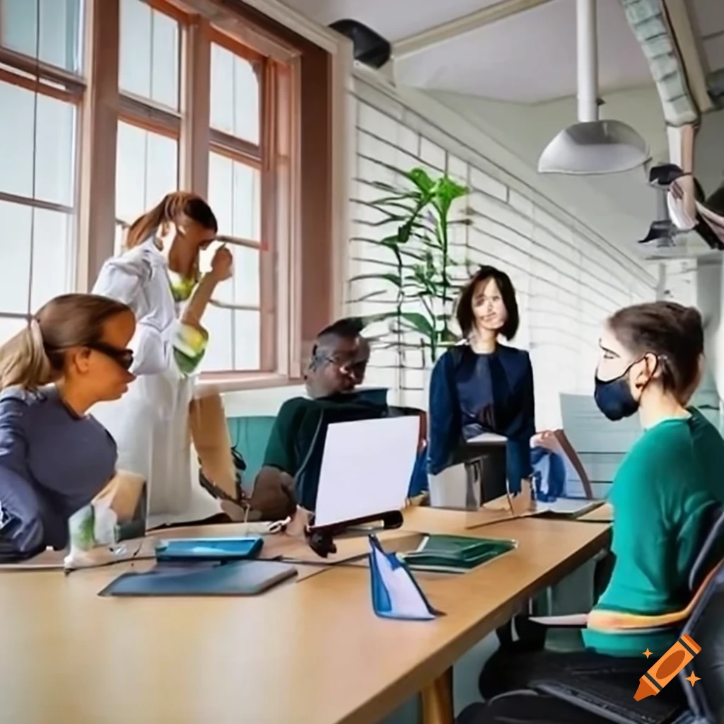 Busy office with employees working at desks and using computers on Craiyon