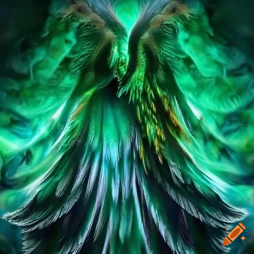 Beautiful phoenix engulfed in vibrant, emerald green flames on Craiyon