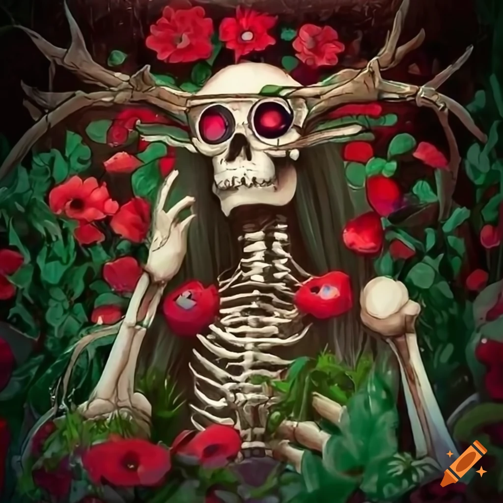 Skeleton druid shaman with plants and red flowers on Craiyon