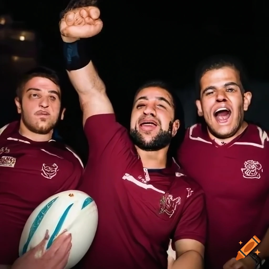 Rugby fans celebrating their team's championship win on a sunny street ...