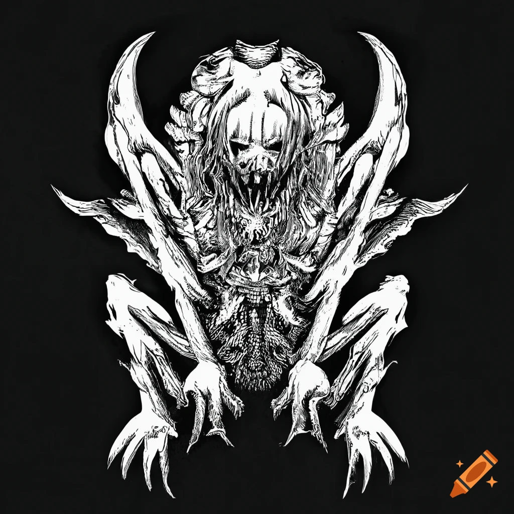Lovecraftian demon monster in detailed black and white etching style on Craiyon