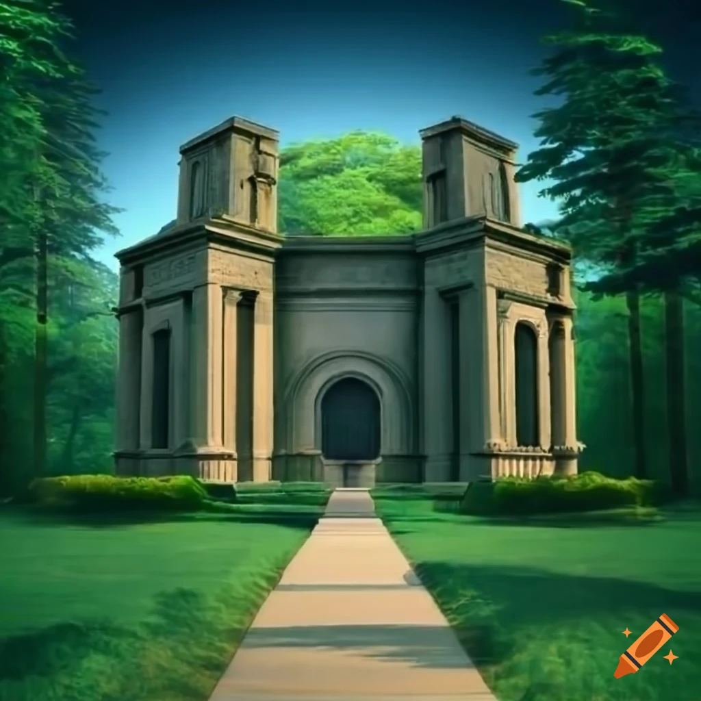 Octagonal temple with romanesque gate in a green forest under midday ...