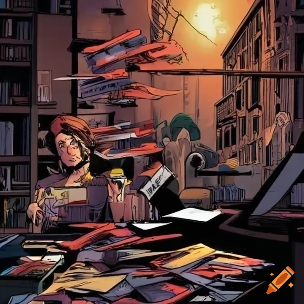 Frantic office scene with papers flying everywhere in a comic book ...