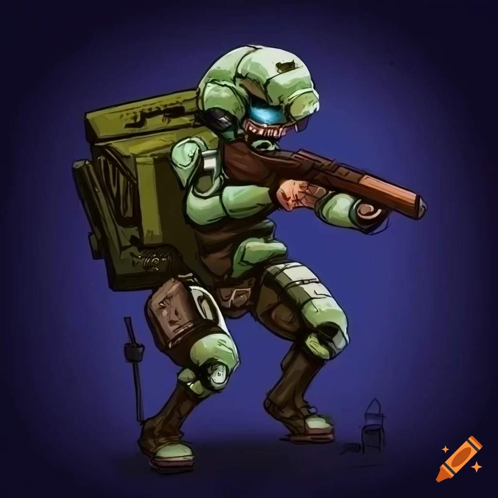 Detailed comic-style small mechanoid military with mini shotgun on Craiyon