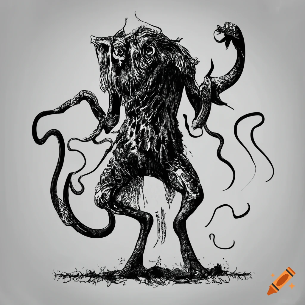Lovecraftian cow monster in detailed black and white etching style on ...