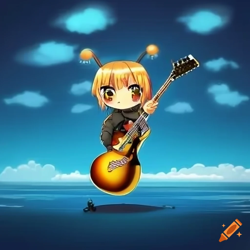 Chibi bee playing guitar and singing against a bright sky and ocean ...